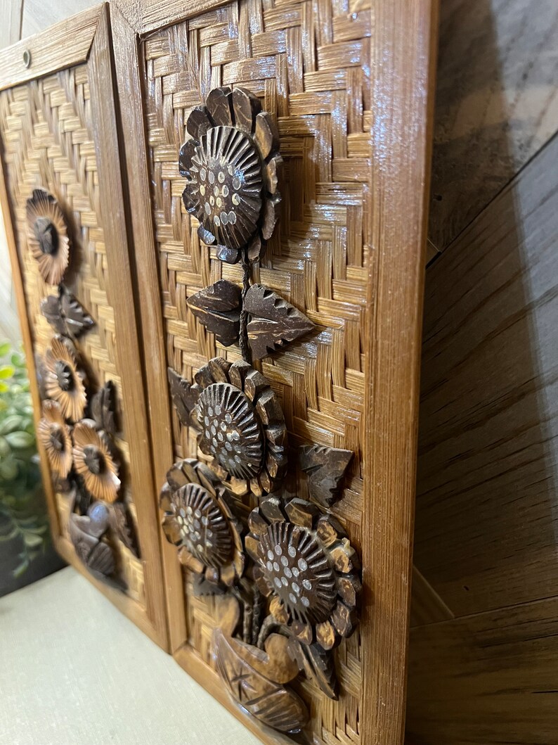 Vintage Wicker and Carved Coconut Shell Flower Wall Art-set of 2 - Etsy