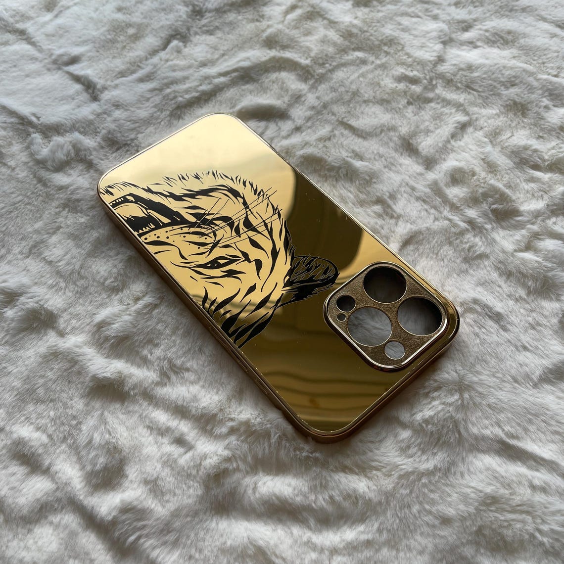 Embroidered Custom Gold Mirror iPhone Case Black Tiger Design ...