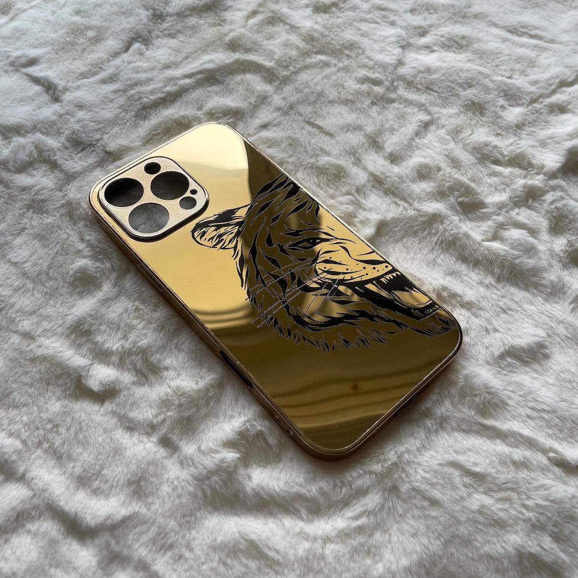 Embroidered Custom Gold Mirror iPhone Case Black Tiger Design ...