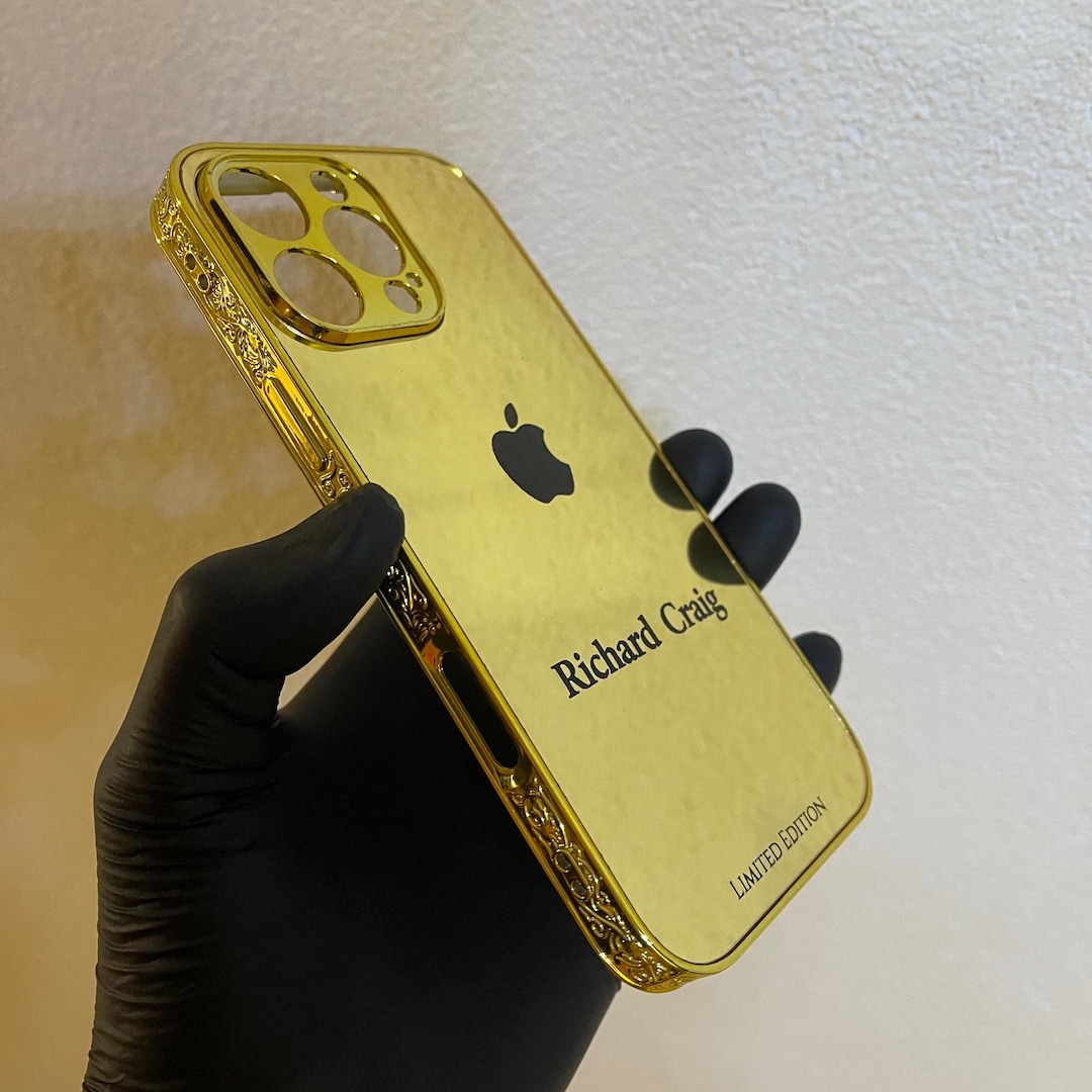 Embroidered Custom Gold Mirror iPhone Case Black Design – Personalized ...