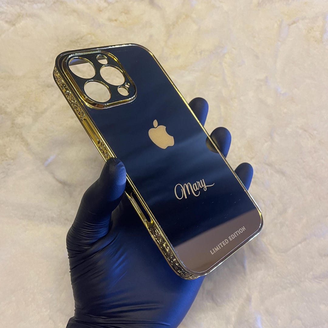 Embroidered Custom Gold Mirror iPhone Case – Personalized Luxury ...