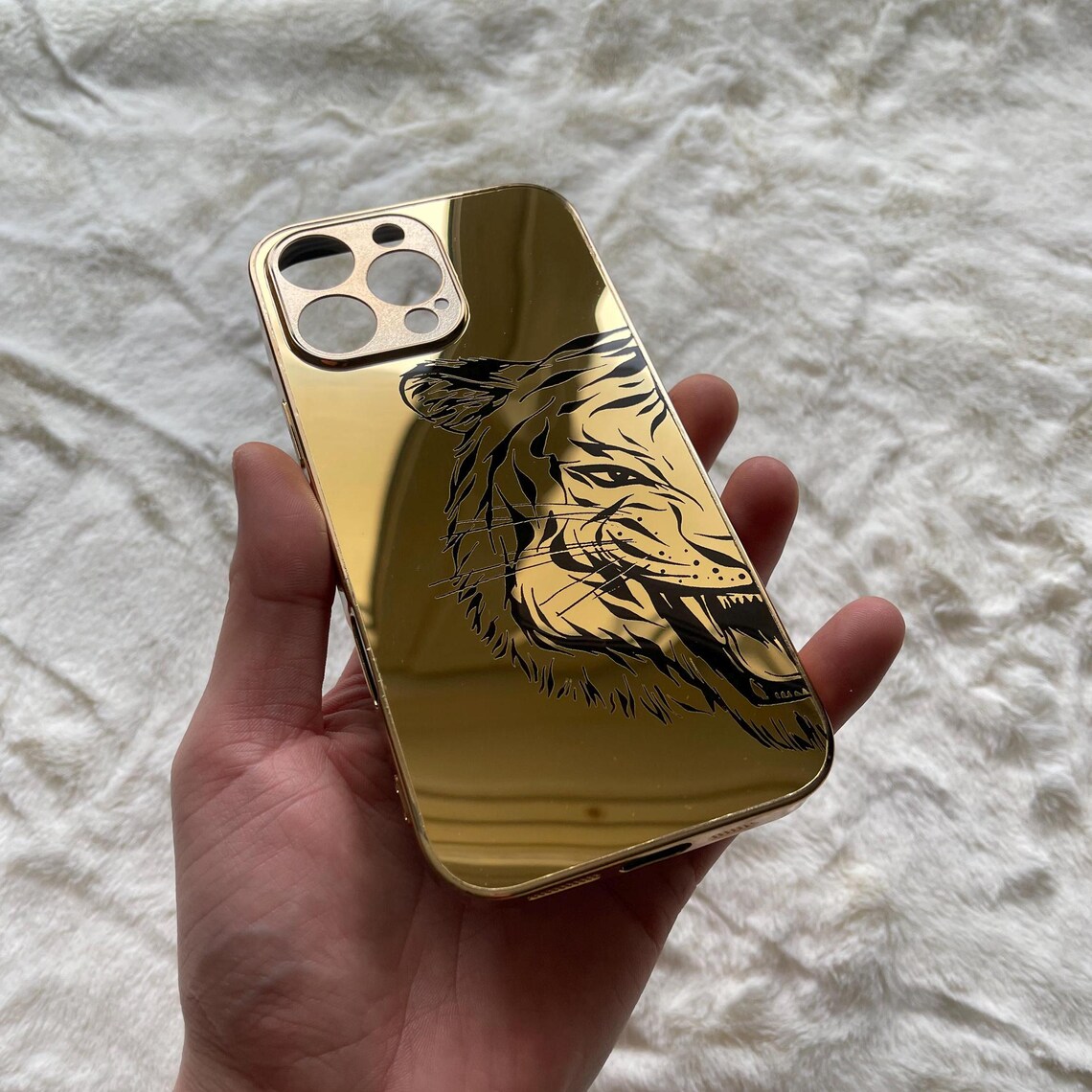 Embroidered Custom Gold Mirror iPhone Case Black Tiger Design ...