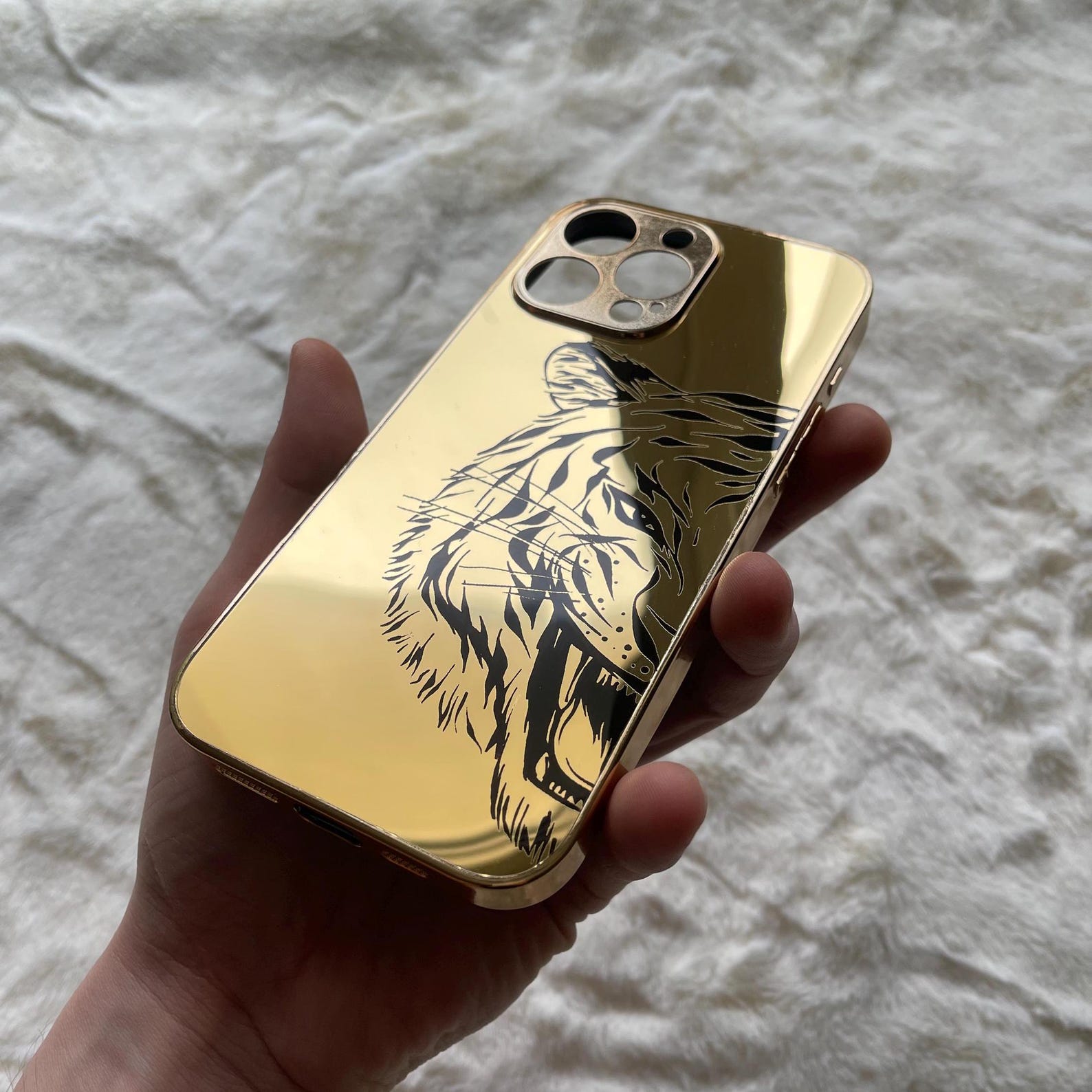 Embroidered Custom Gold Mirror iPhone Case Black Tiger Design ...