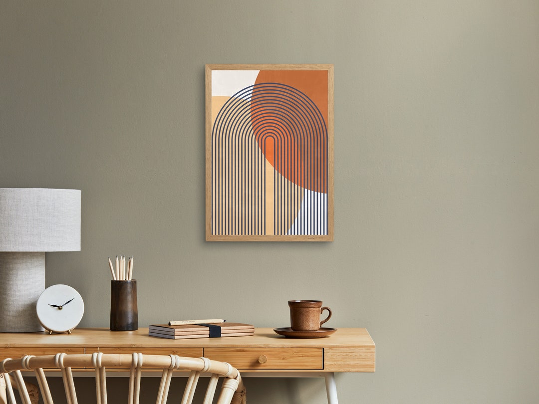 DEERAUNIVERSE Abstract Art Navy Blue Arc Lines and Orange Yellow ...