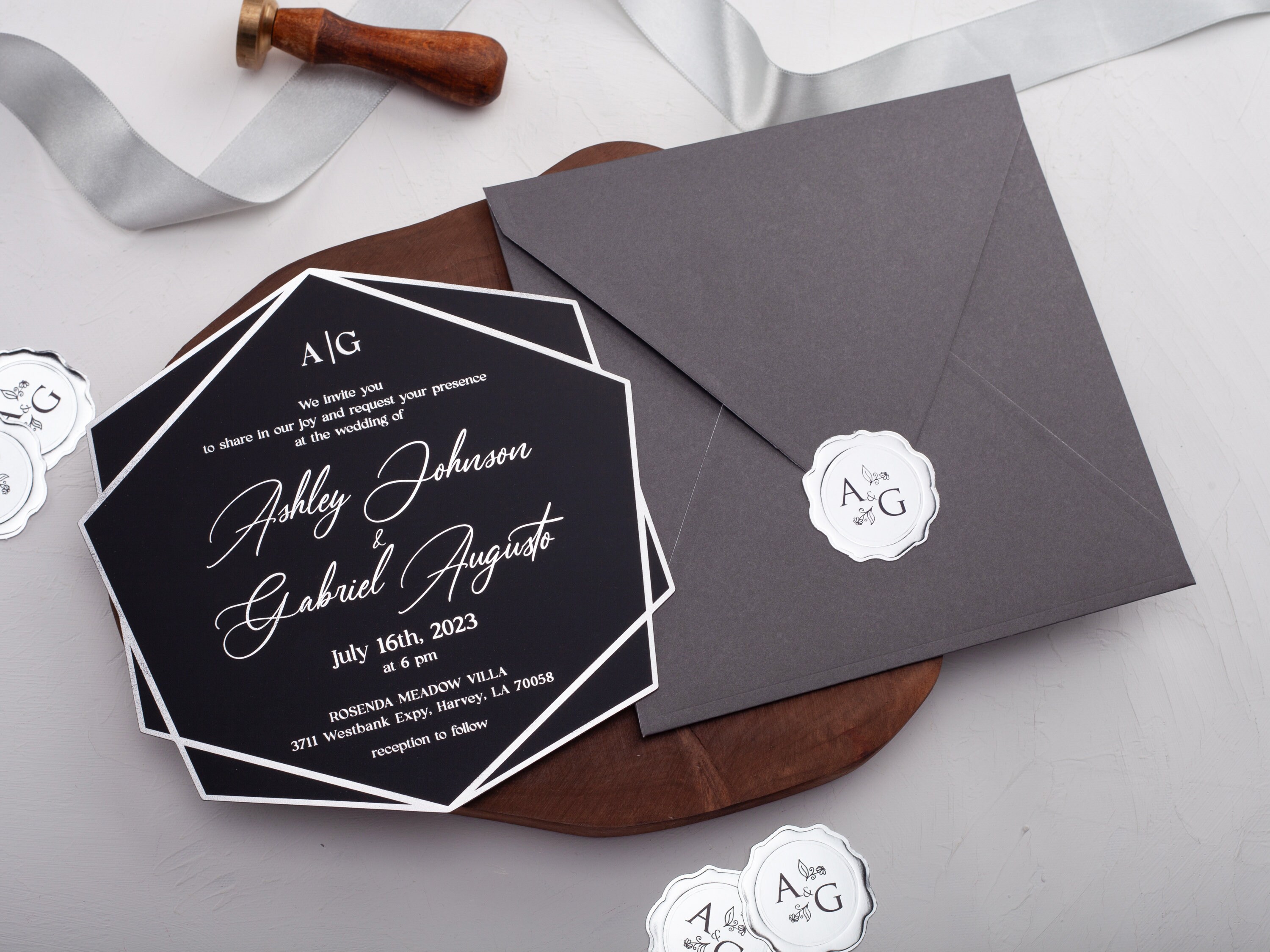 Black & Silver Foil Acrylic Wedding Invitation, Elegant Black Acrylic ...