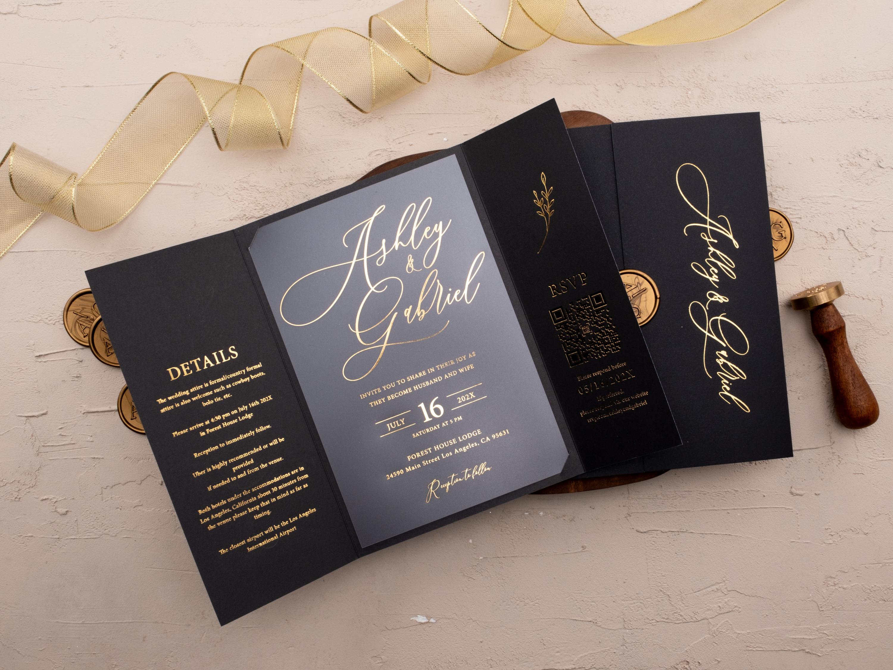 Black and Gold Wedding Invitation, Luxury Wax Seal Invite, Elegant ...