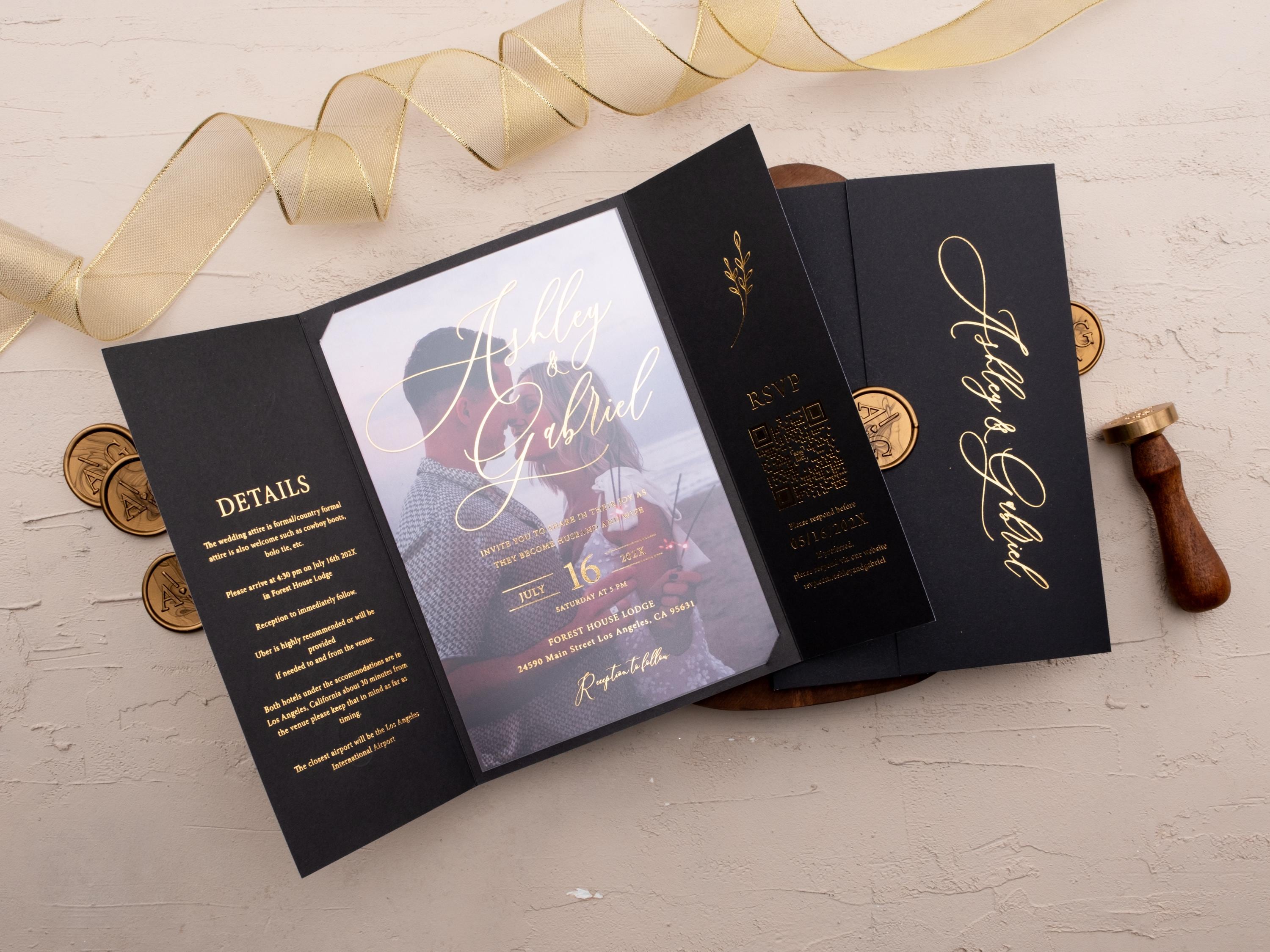 Black and Gold Wedding Invitation, Luxury Wax Seal Invite, Elegant ...