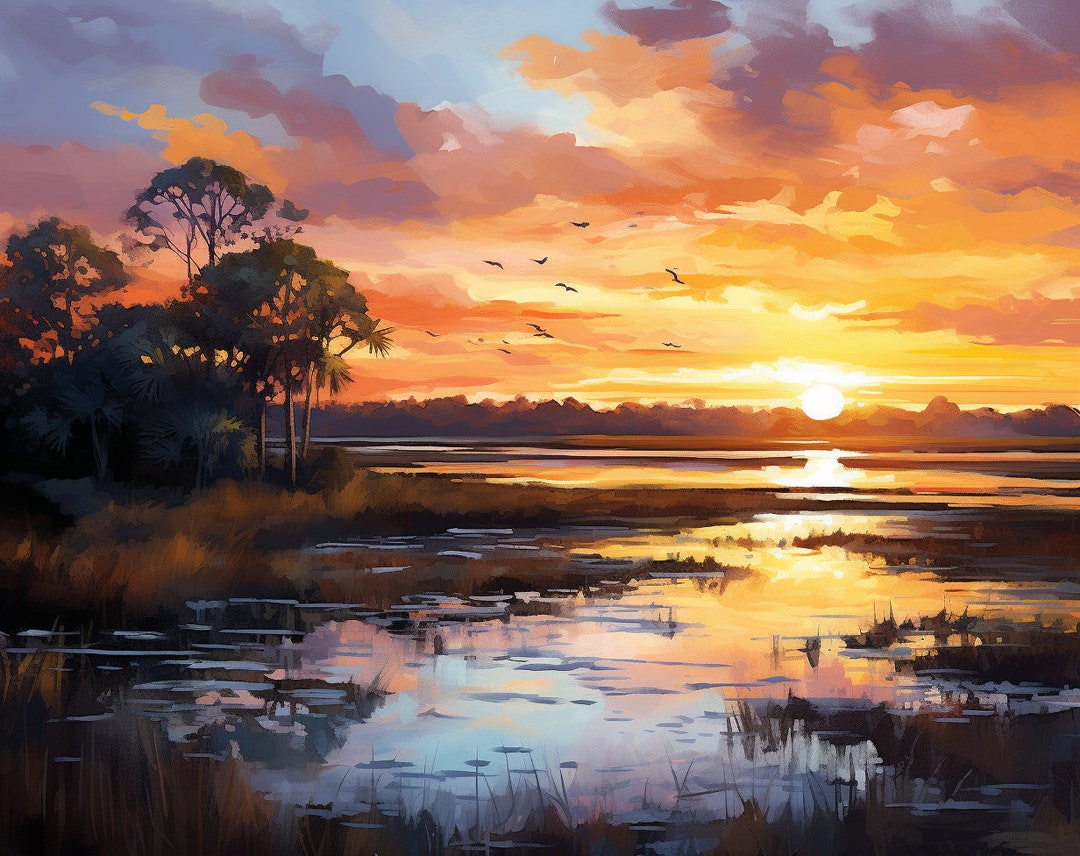 Beautiful Lowcountry Marsh Sunset Oil Painting Print, South Carolina ...