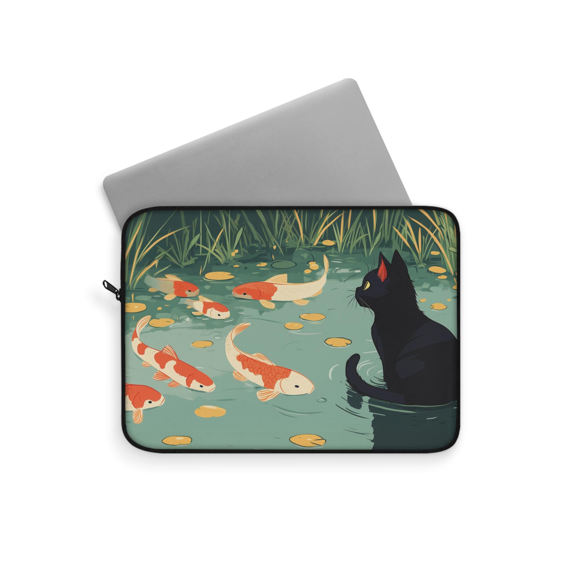 Japanese Black Cat Koi Fish Laptop Bag, Kawaii Anime Laptop Tablet Case ...