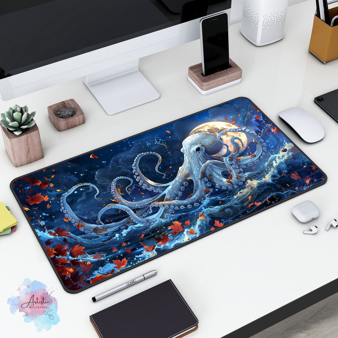 White Octopus Full Moon Desk Mat, Kawaii Ocean Mouse Pad, Octopus Art ...