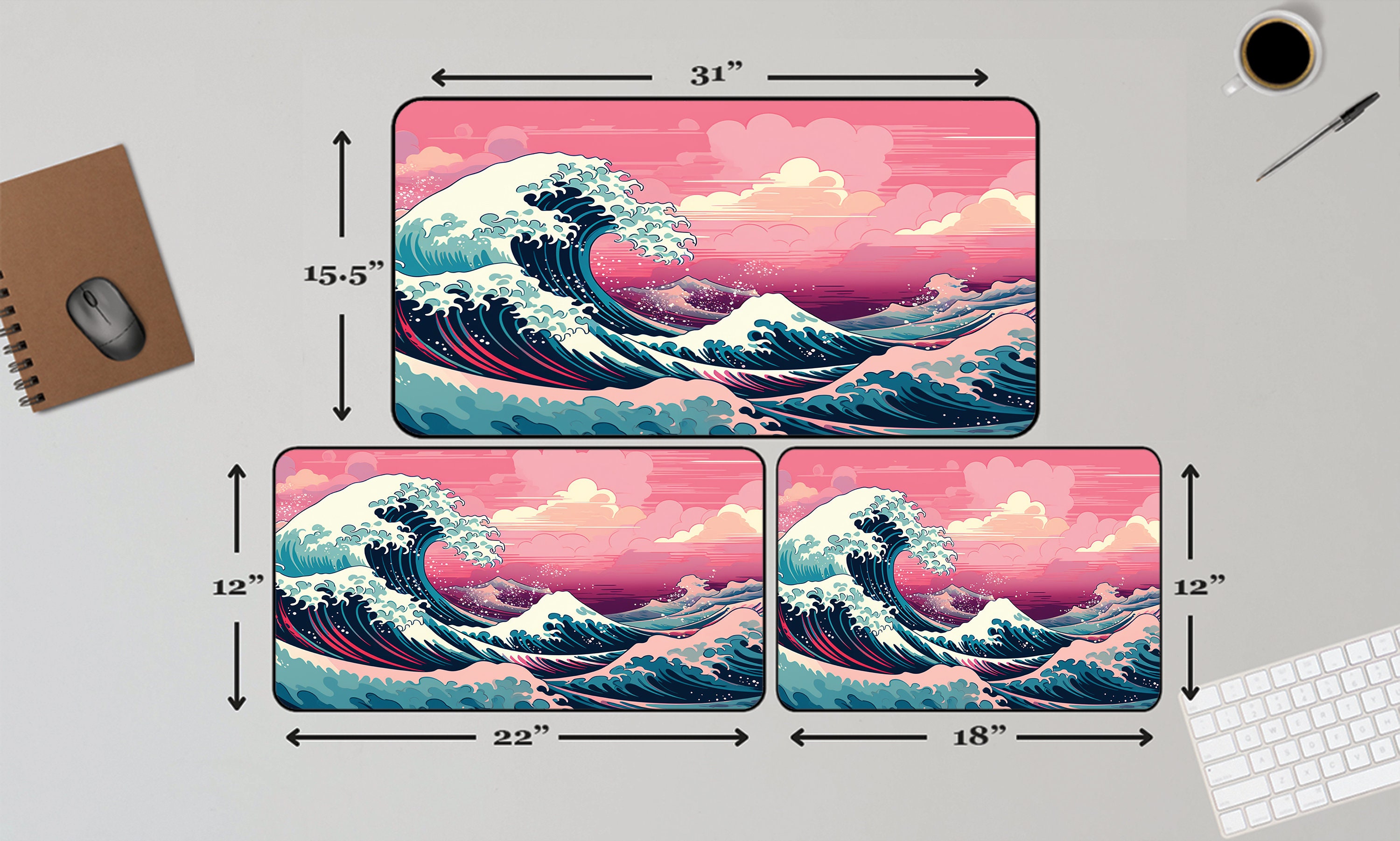 Japanese Great Wave Desk Mat, Psychedelic Art Style, Kawaii Pink ...