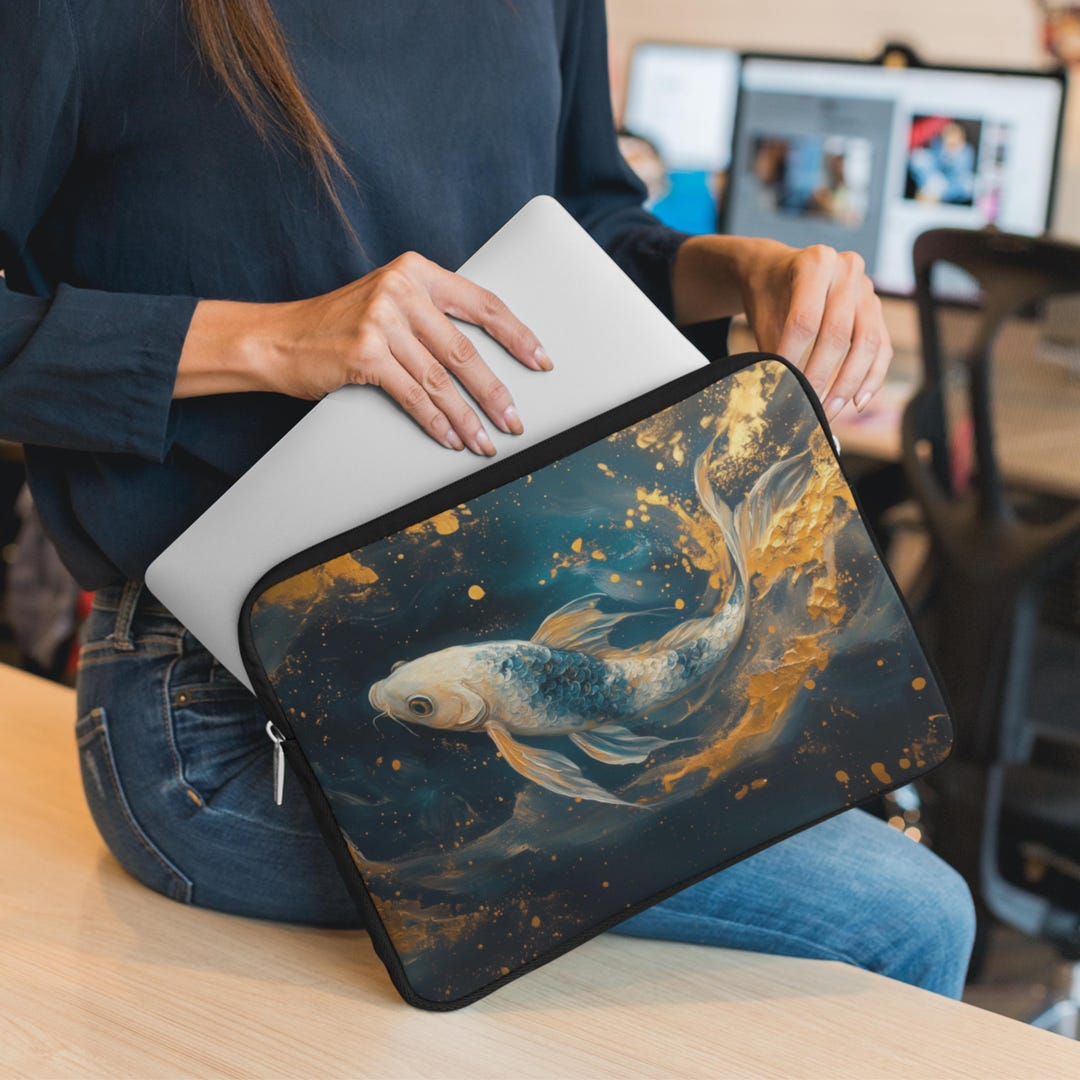 Pisces Koi Fish Dell Laptop Bag, Cute Zodiac Blue and Gold HP Laptop ...