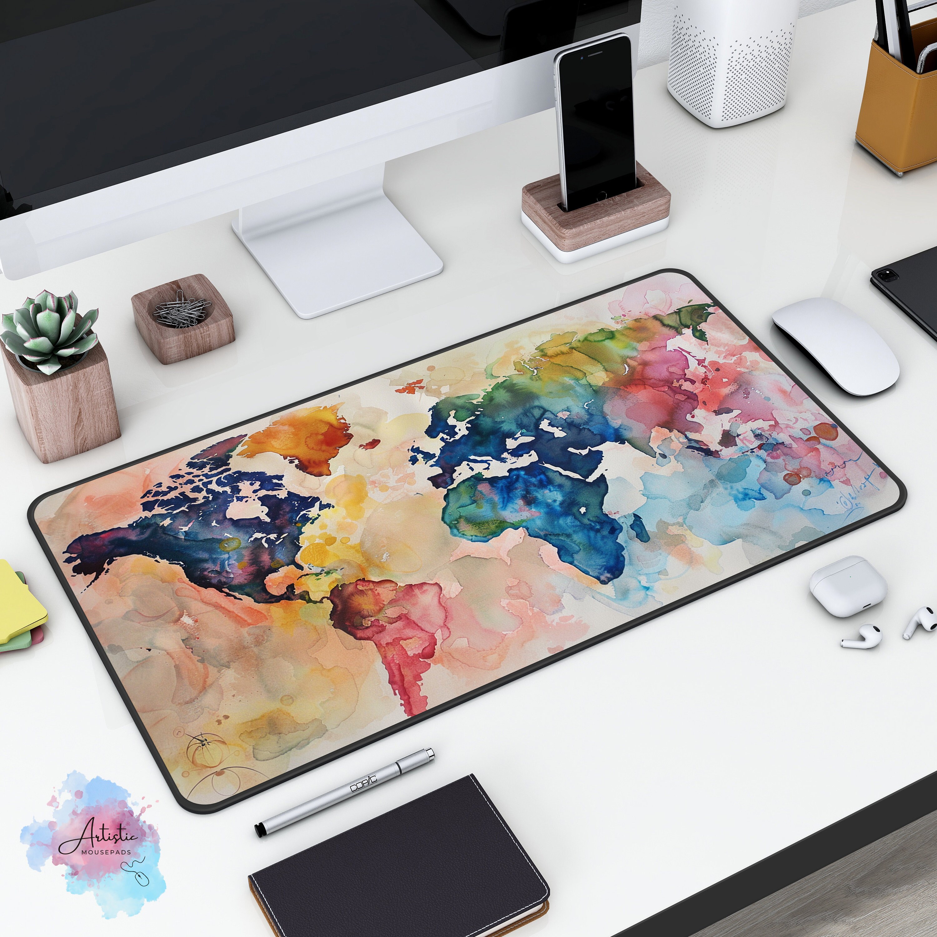 Watercolor World Map Desk Mat, Unique Colorful Desk Pad, Great Gift for ...