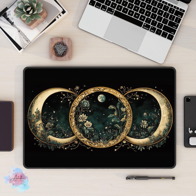Gold Cottagecore Witchy Desk Mat Gift, Green Dark Academia Crescent ...