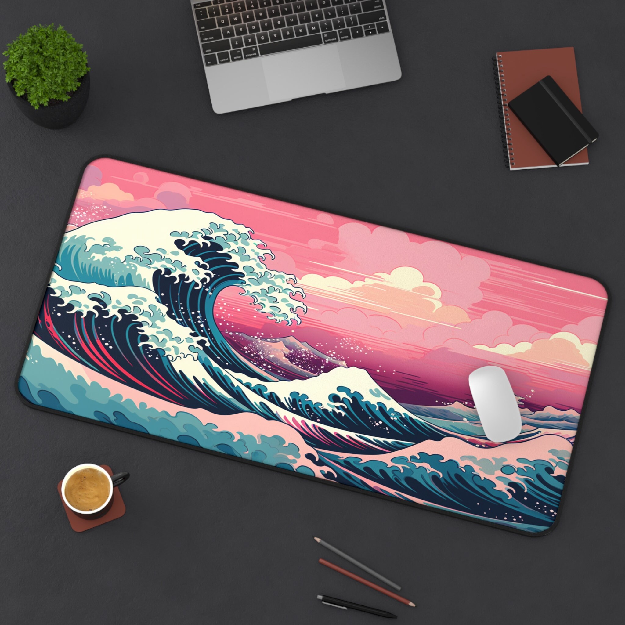Japanese Great Wave Desk Mat, Psychedelic Art Style, Kawaii Pink ...