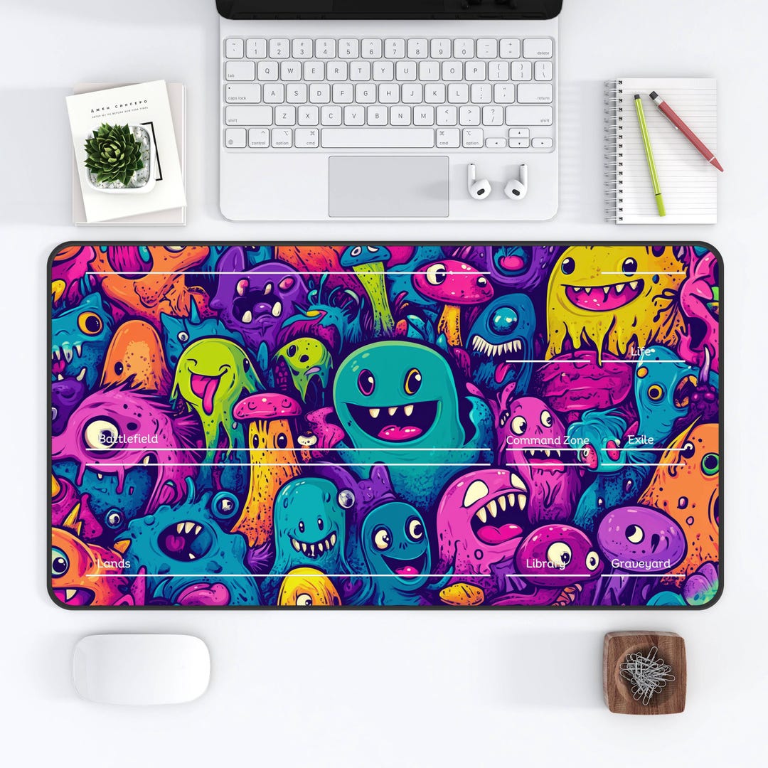 Colorful Doodle Monster XL LED Mouse Pad, Cute Alien TCG Playmat With ...