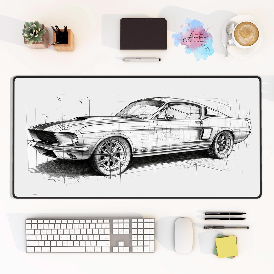 Black and White Ford Mustang Desk Mat, XL Race Car Lovers Mouse Pad ...