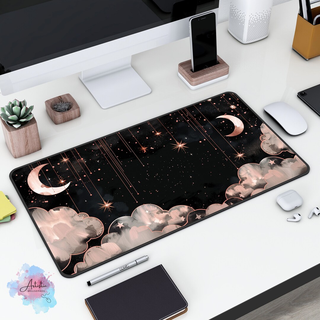 Black Celestial Desk Mat, Kawaii Space Gaming Mouse Pad, Fluffy Cloud ...