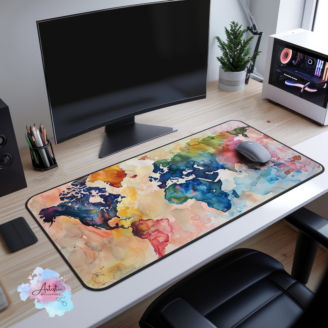 Watercolor World Map Desk Mat, Unique Colorful Desk Pad, Great Gift for ...