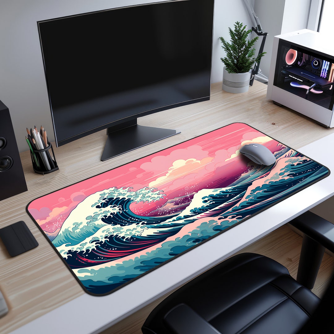 Japanese Great Wave Desk Mat, Psychedelic Art Style, Kawaii Pink ...