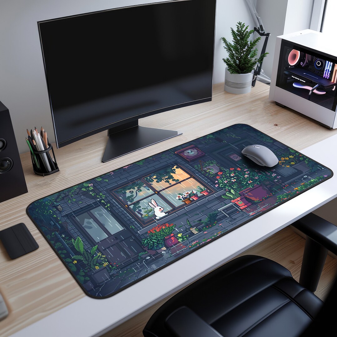 Kawaii Bunny Mouse Pad, Flower Shop Desk Mat, Lo-fi Night Vibes, Pixel ...