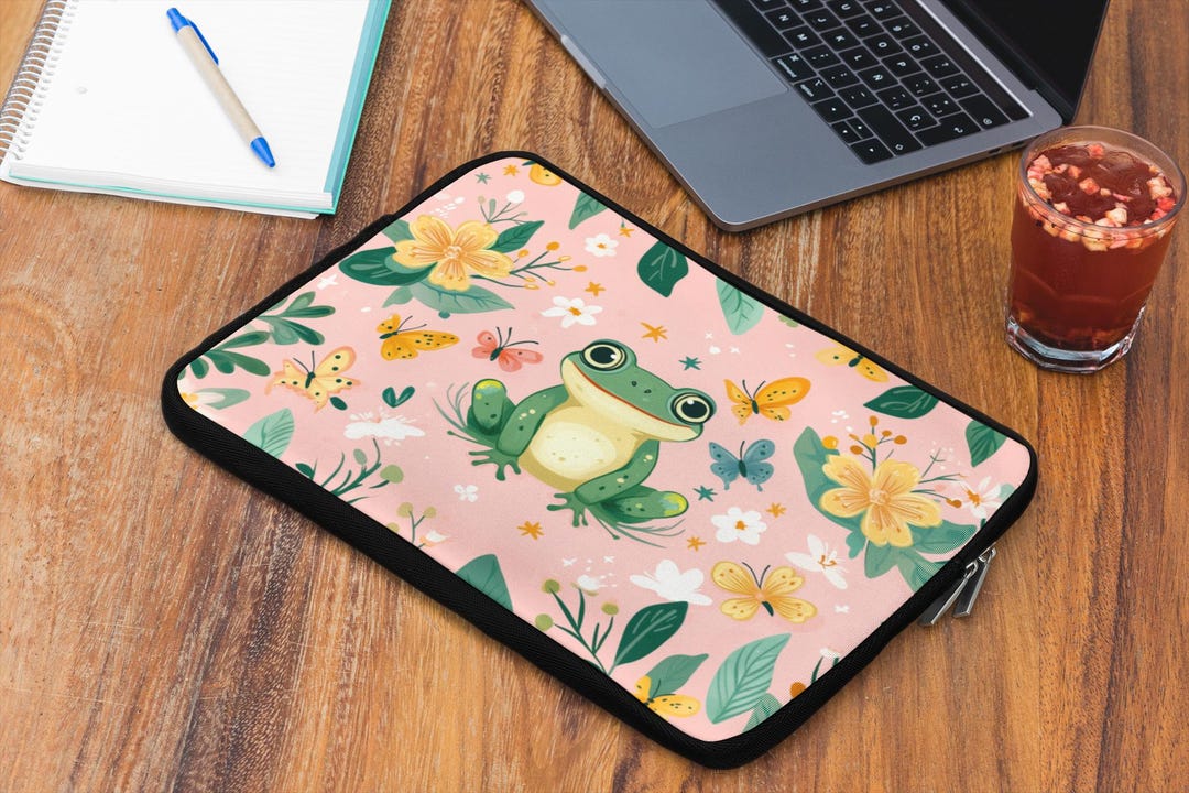 Pink and Green Frog Laptop Bag, Cute Floral Anime Laptop Tablet Case 12 ...