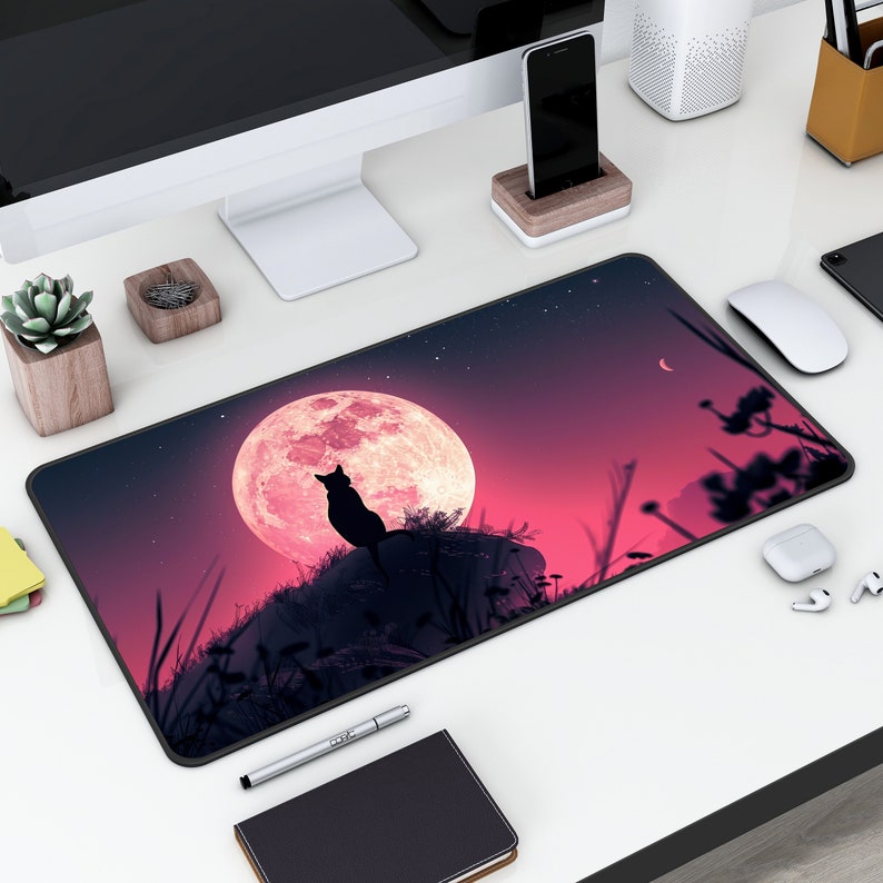 Black Cat Full Moon Desk Mat, Kawaii Cat Mouse Pad, Pink Tones and ...