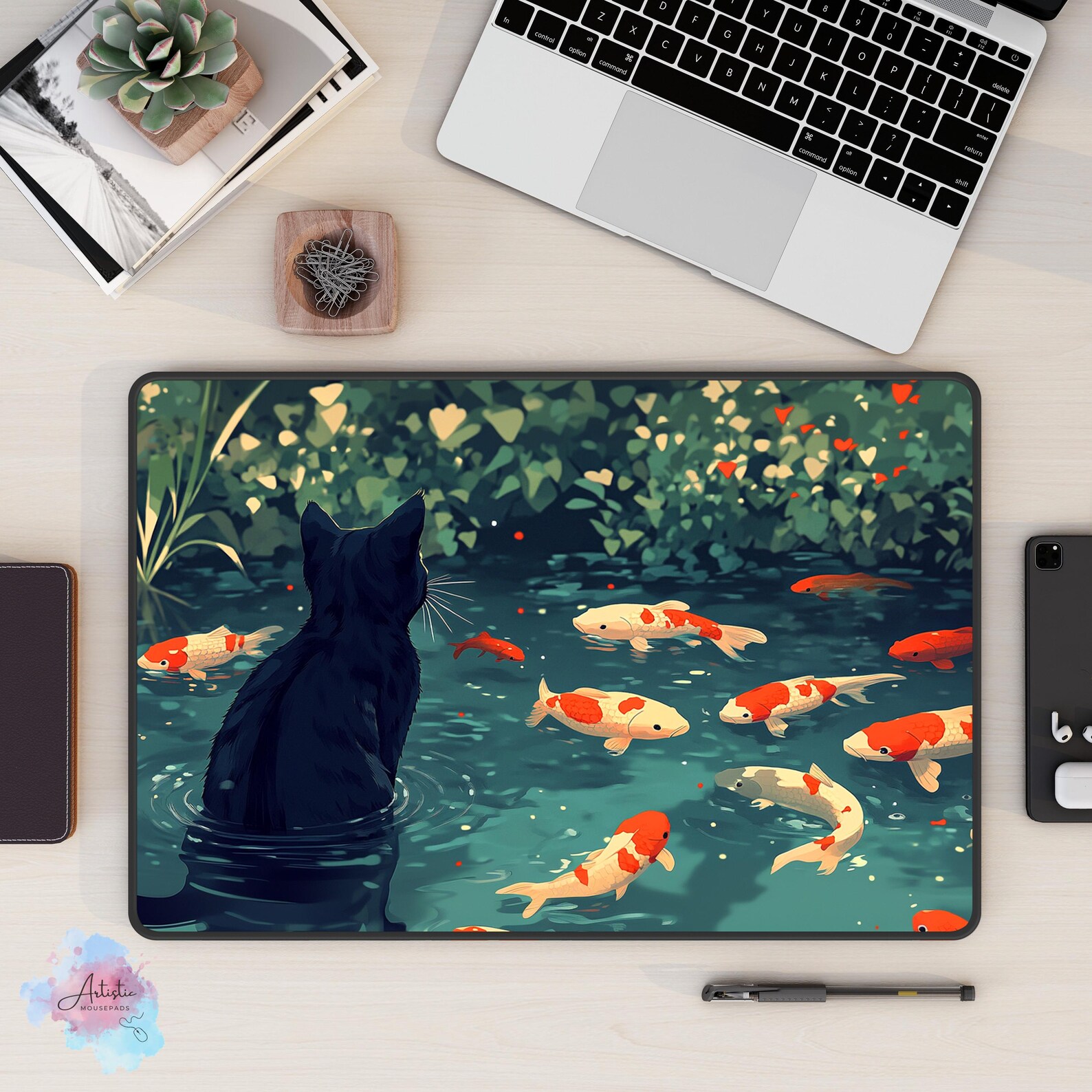 Kawaii Black Cat Japanese Koi Fish Gaming Desk Mat, Cute Anime TCG ...