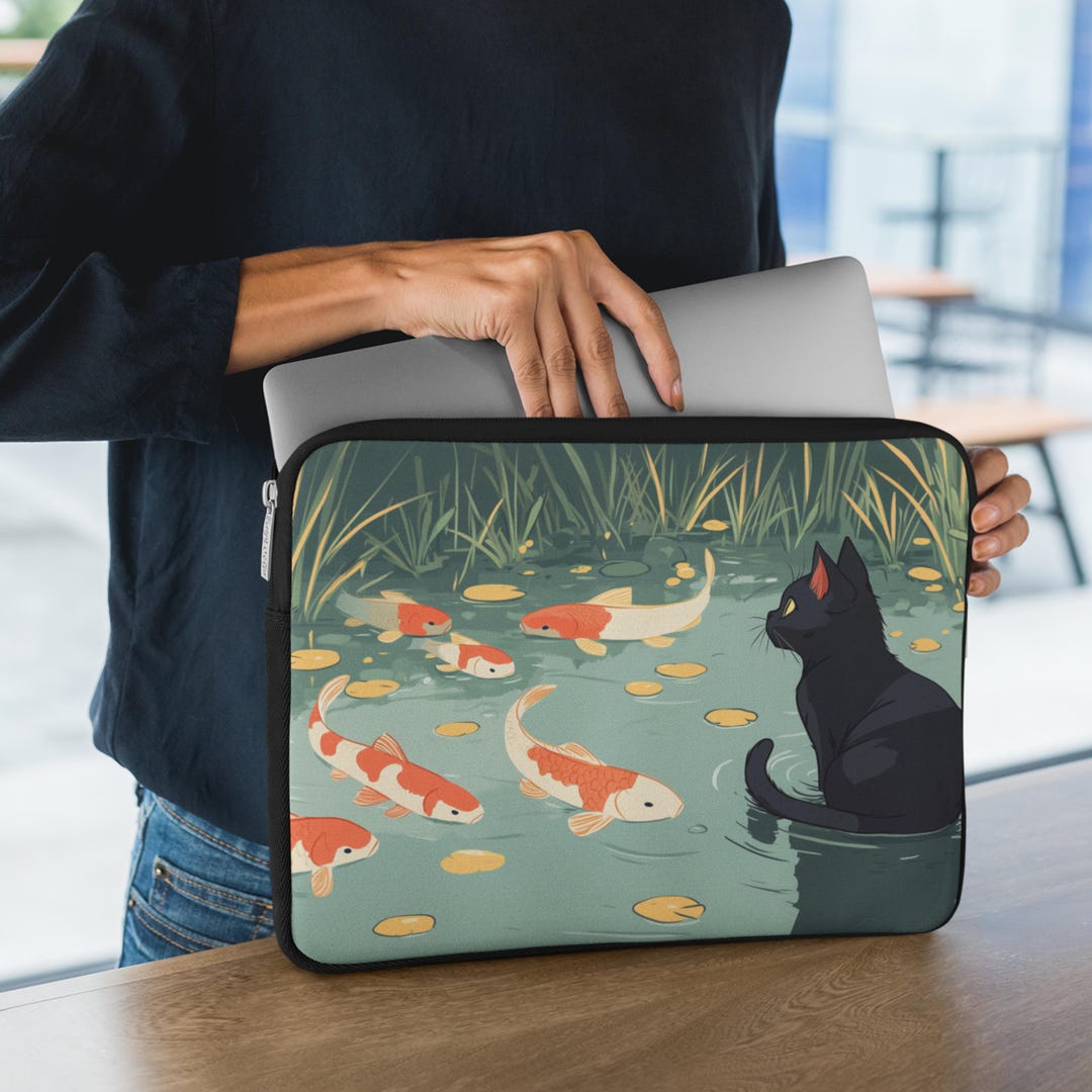 Japanese Black Cat Koi Fish Laptop Bag, Kawaii Anime Laptop Tablet Case ...