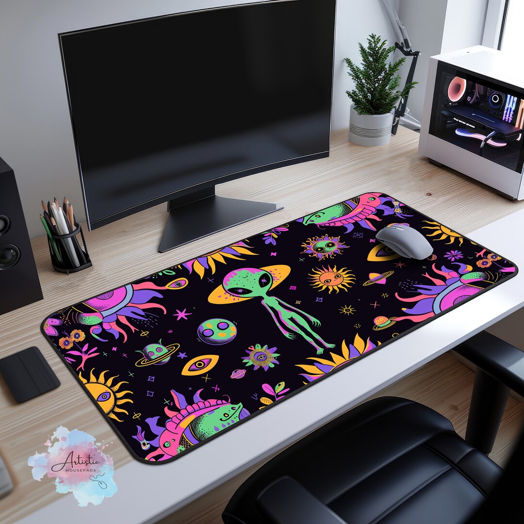Psychedelic Celestial Alien Desk Mat, Cool Neon Deep Space Mouse Pad ...