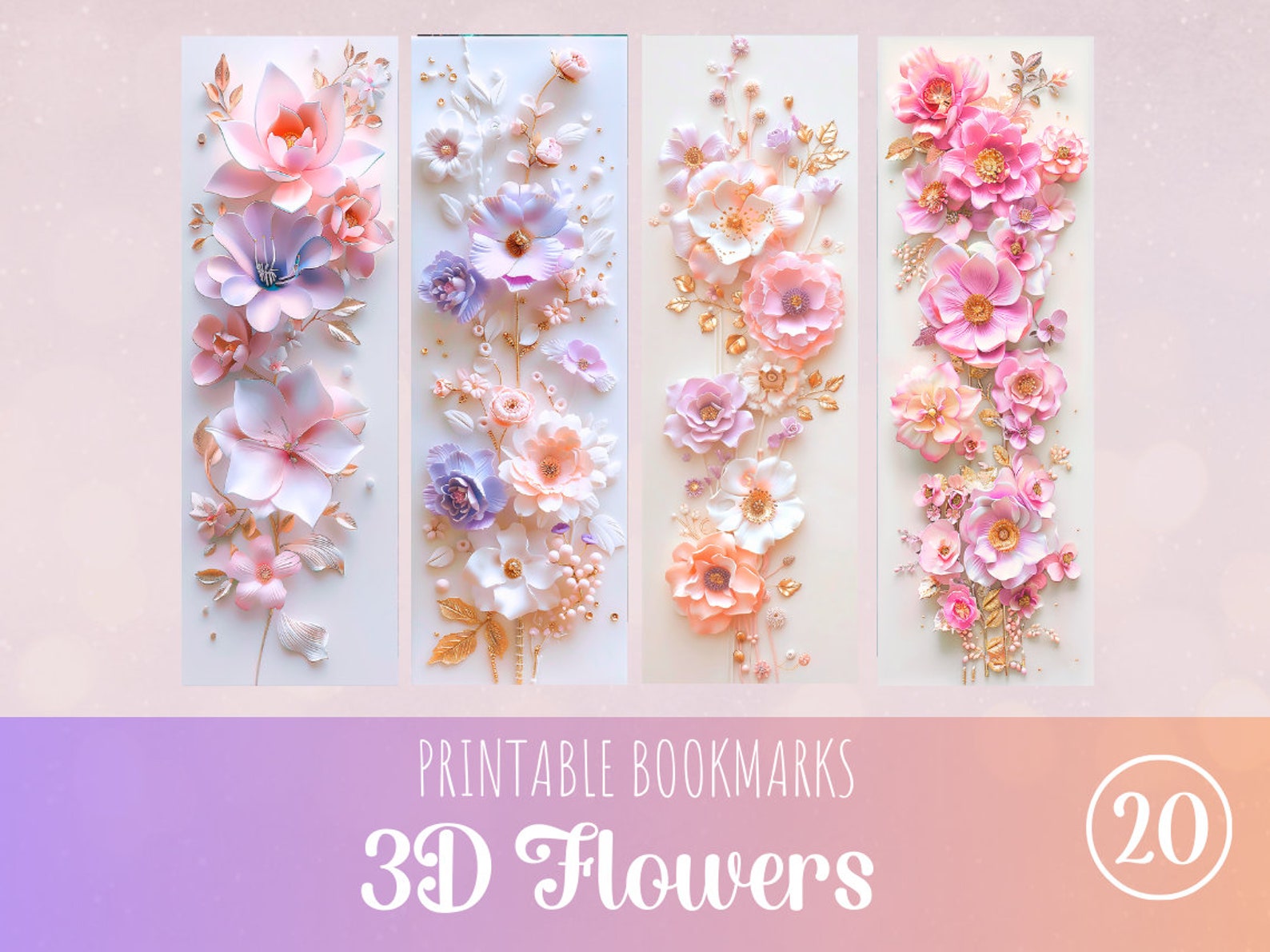 3D Flower Bookmark Printable Bundle: Pastel Floral Designs (PNG Digital ...