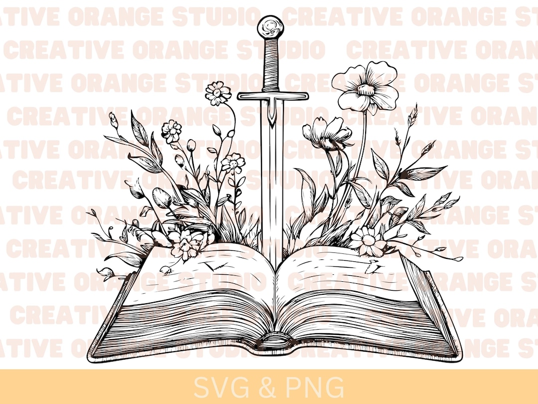 Book With Sword and Flowers Svg & Png, Book and Sword Clipart, Books ...