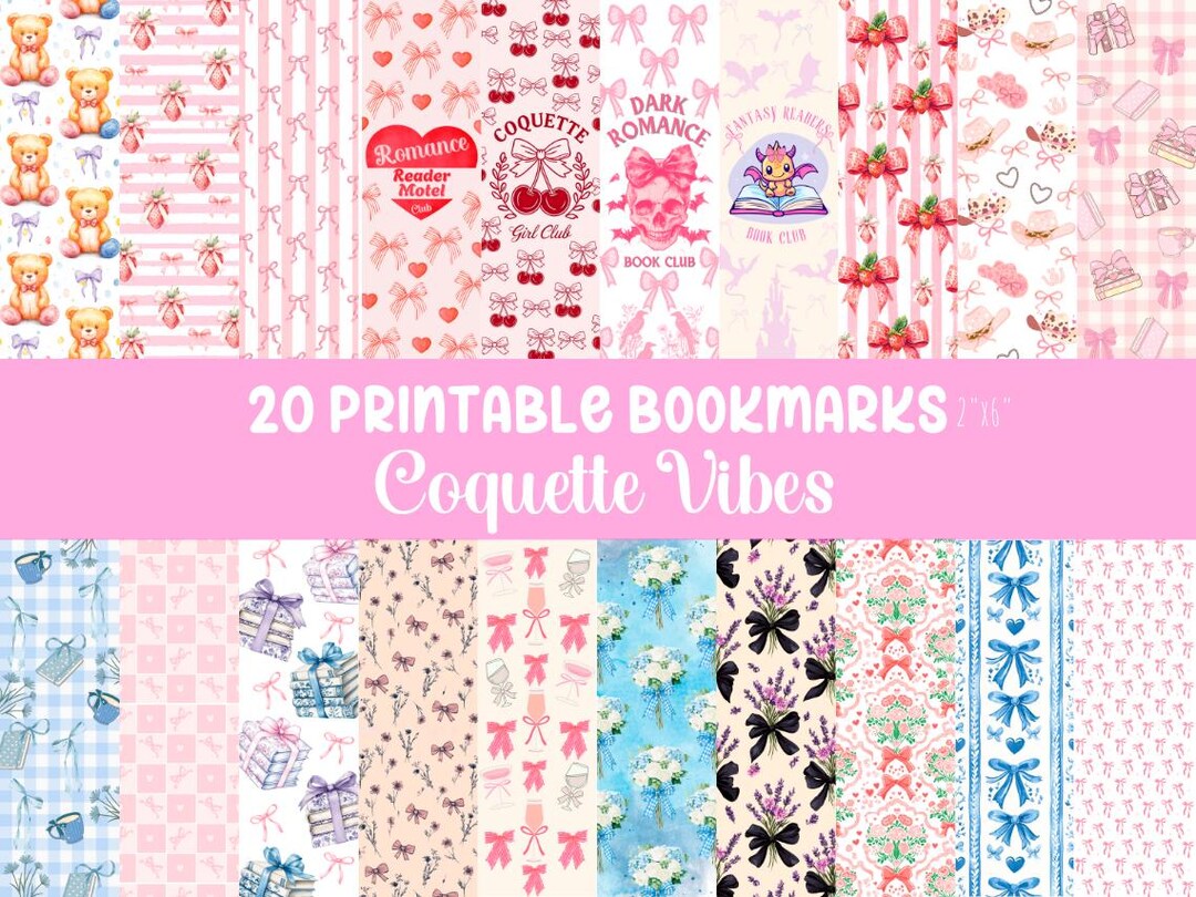 Coquette Printable Bookmarks Bundle, Reading Social Club 20 PNG ...