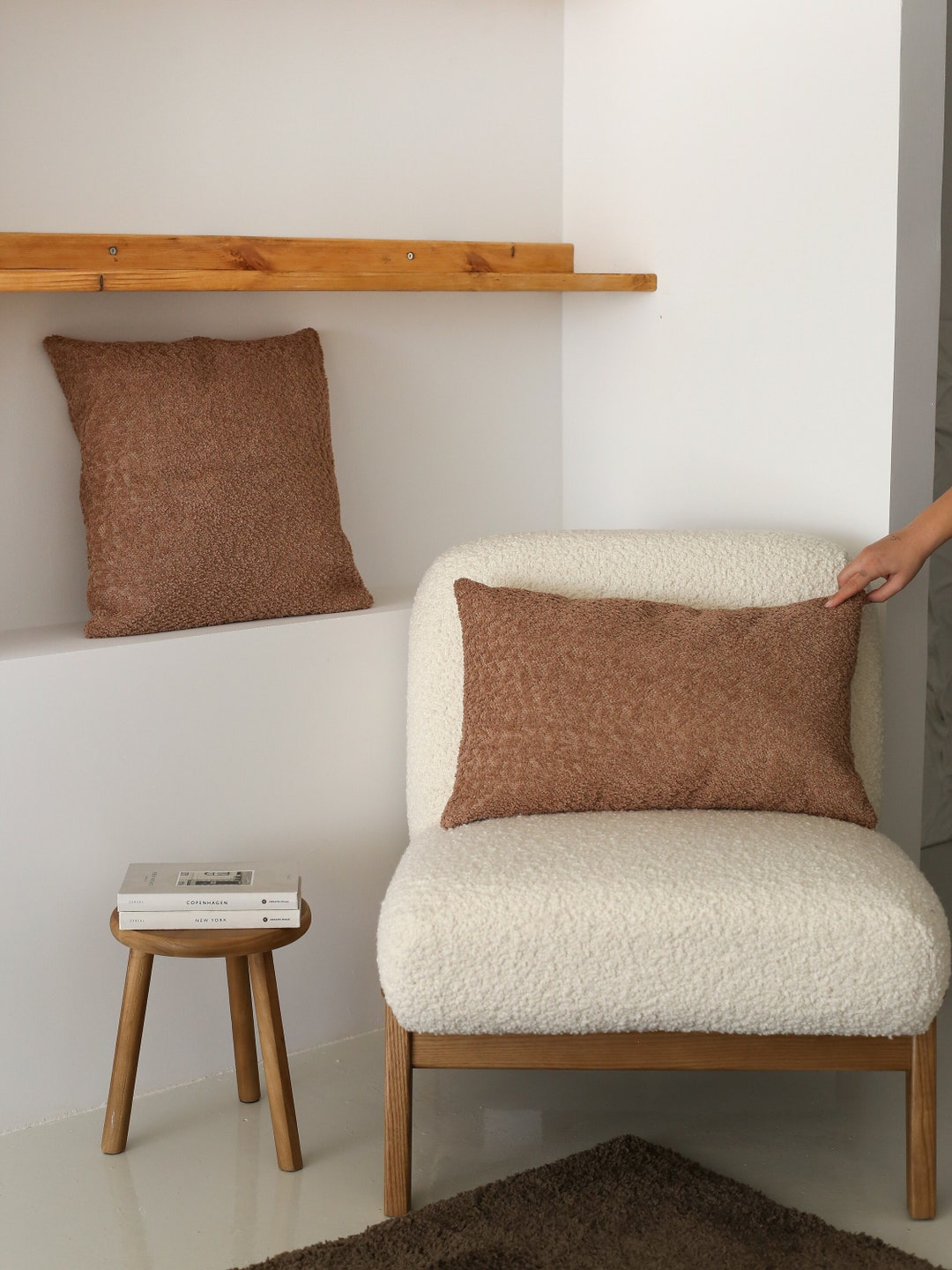 Camel Color Soft Boucle Textured Throw Pillow Cover, Curly Any Size ...