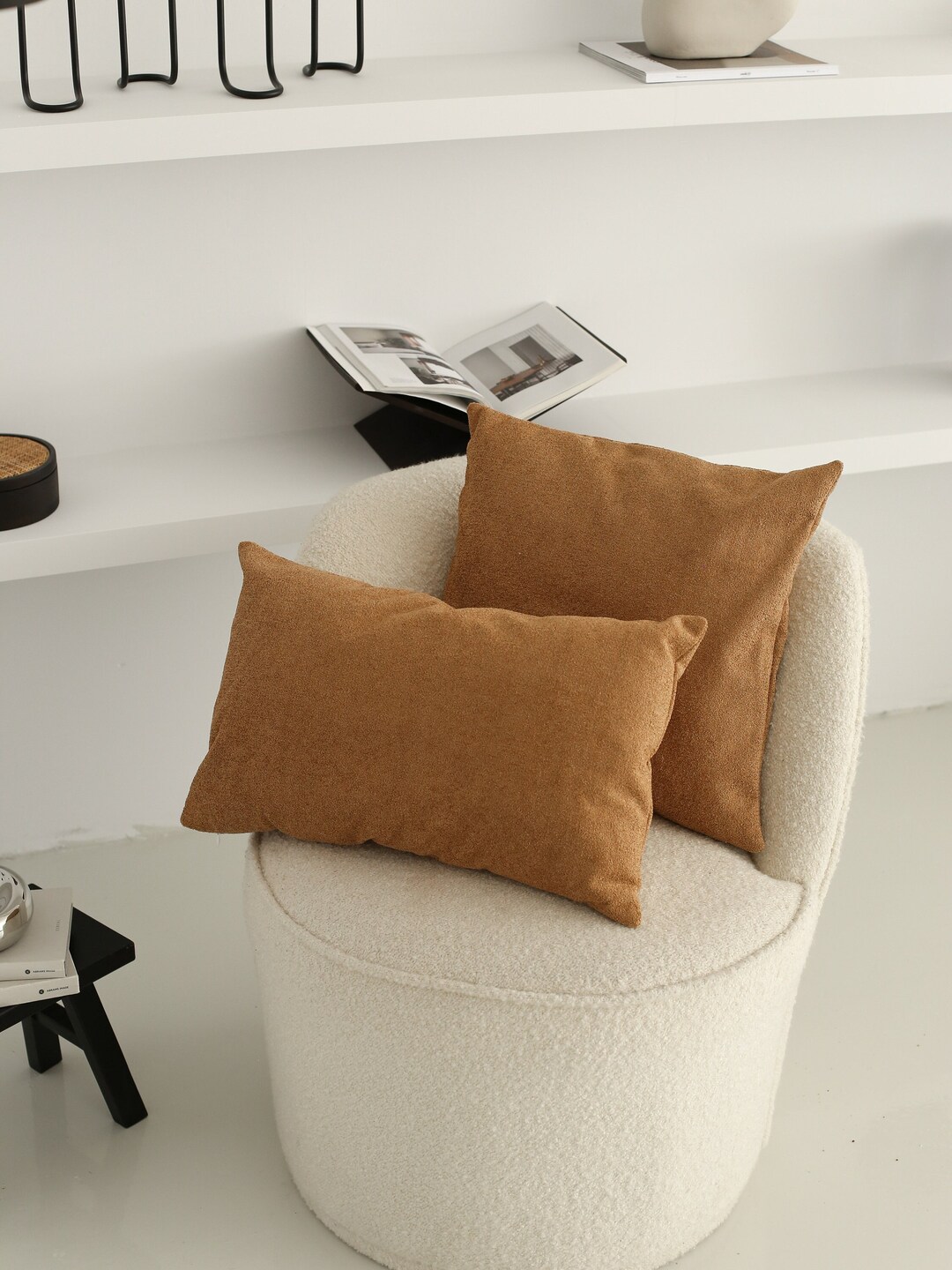 Soft Teddy Boucle Camel Color Throw Pillow Cover, Fluffy Boho Handmade ...