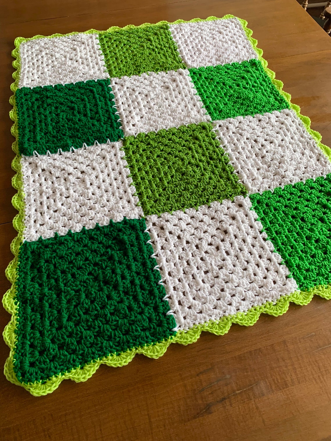 Checkered Greens Crochet Baby Blanket With Scalloped Border - Etsy
