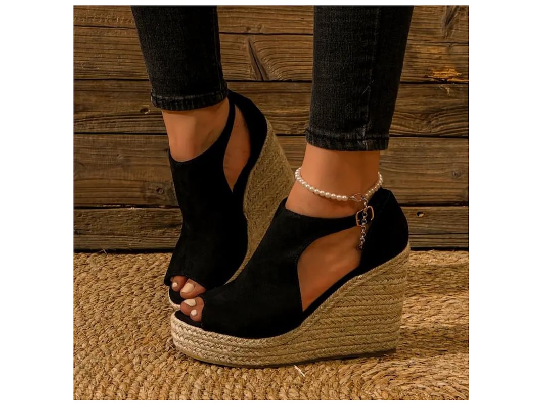 Women's Espadrille Wedge Sandals, Peep Toe Cut-out Buckle Strap High ...