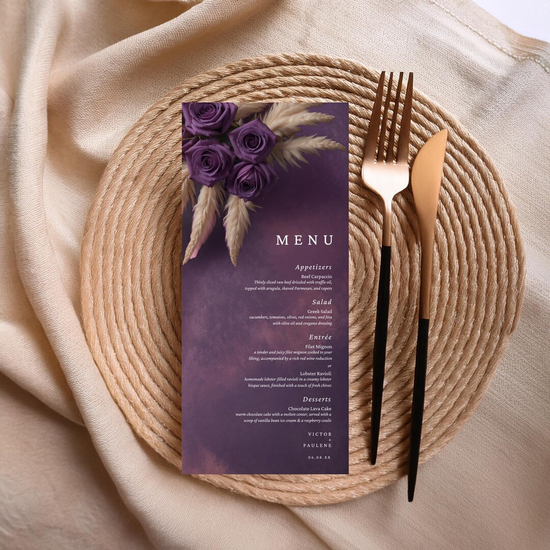Purple Floral Wedding Menu Template, Canva Editable, Instant Download ...