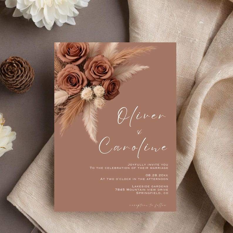 Mocha Mousse Pantone Floral Wedding Invitation, Canva Editable Template ...
