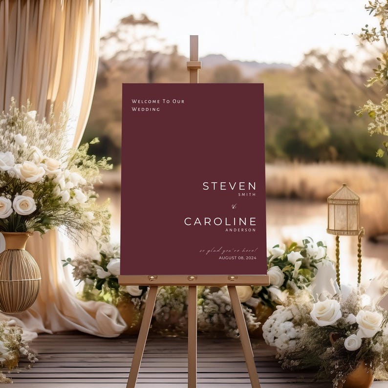 Burgundy Wedding Welcome Sign Poster, Editable Sign Template, Instant ...