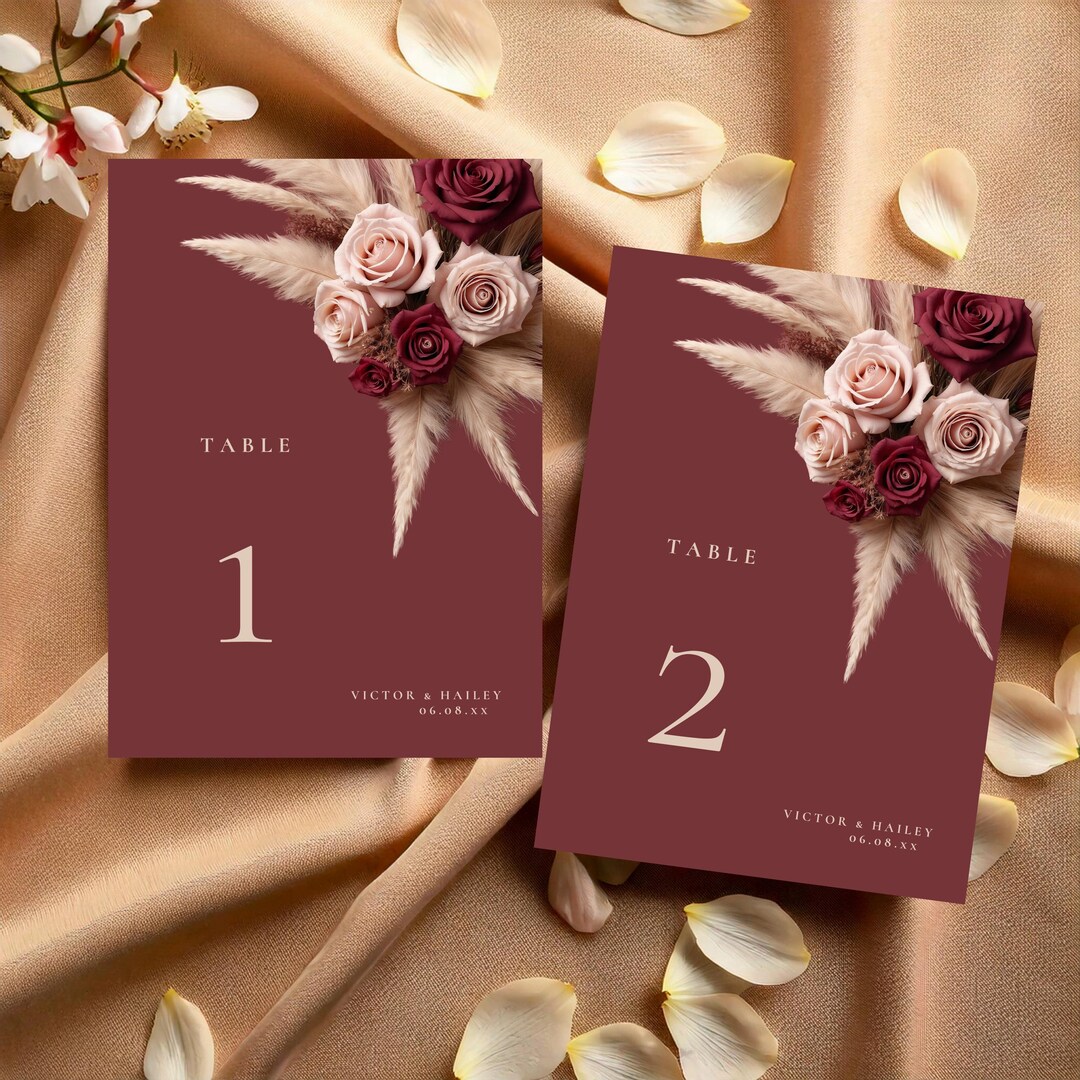 Wine Blush Pink Floral Wedding Table Number Signs, Canva Editable ...