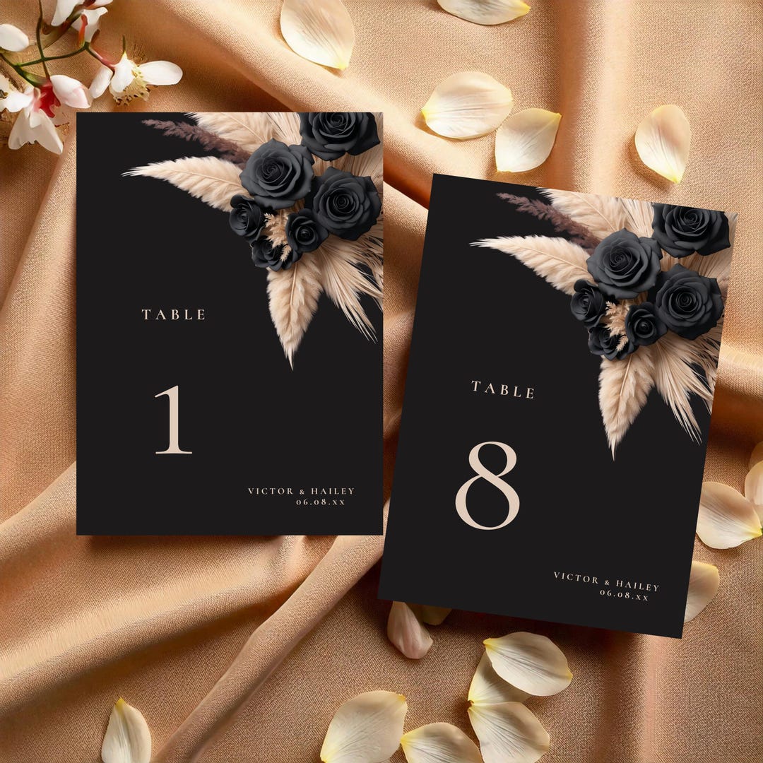 Black Floral Wedding Table Number Signs, Canva Editable Template ...