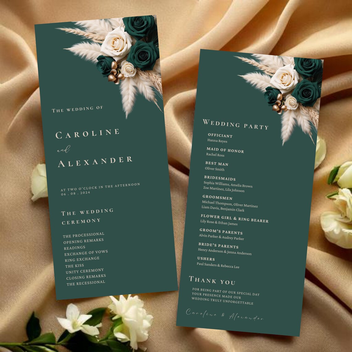 Dark Green White Floral Wedding Programs Template, Ceremony Program ...
