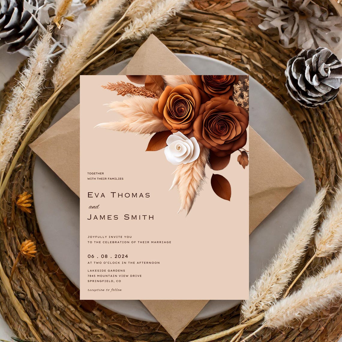 Rust Brown Rose Floral Wedding Invitation Bundle Set, Canva Editable ...