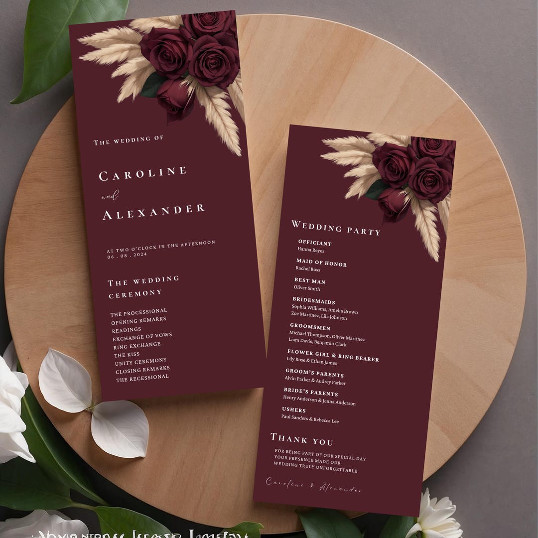 Burgundy Floral Wedding Programs Template, Ceremony Program Itinerary ...