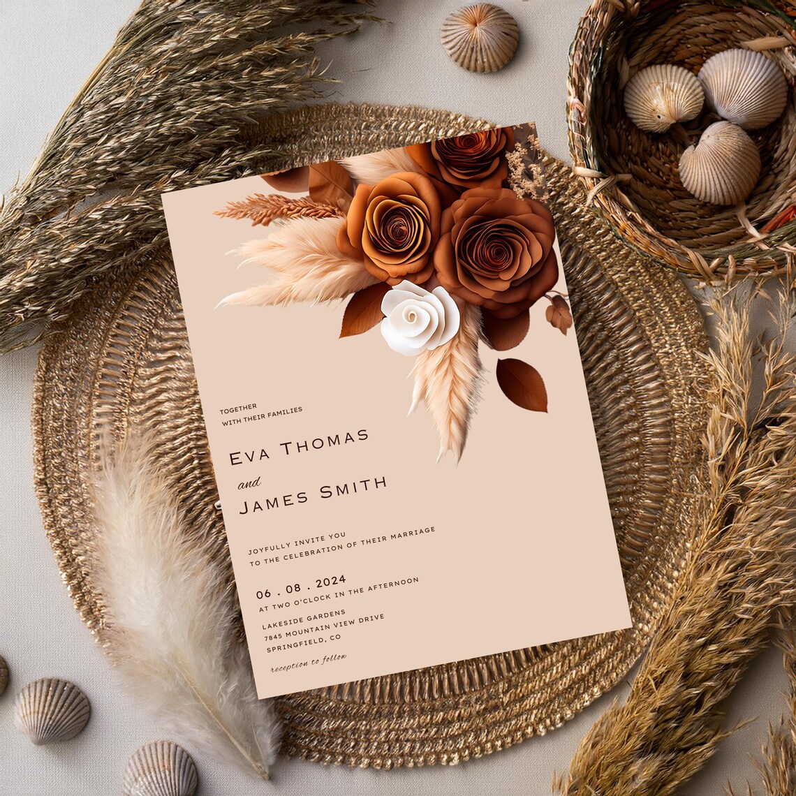 Rust Brown Rose Floral Wedding Invitation Bundle Set, Canva Editable ...