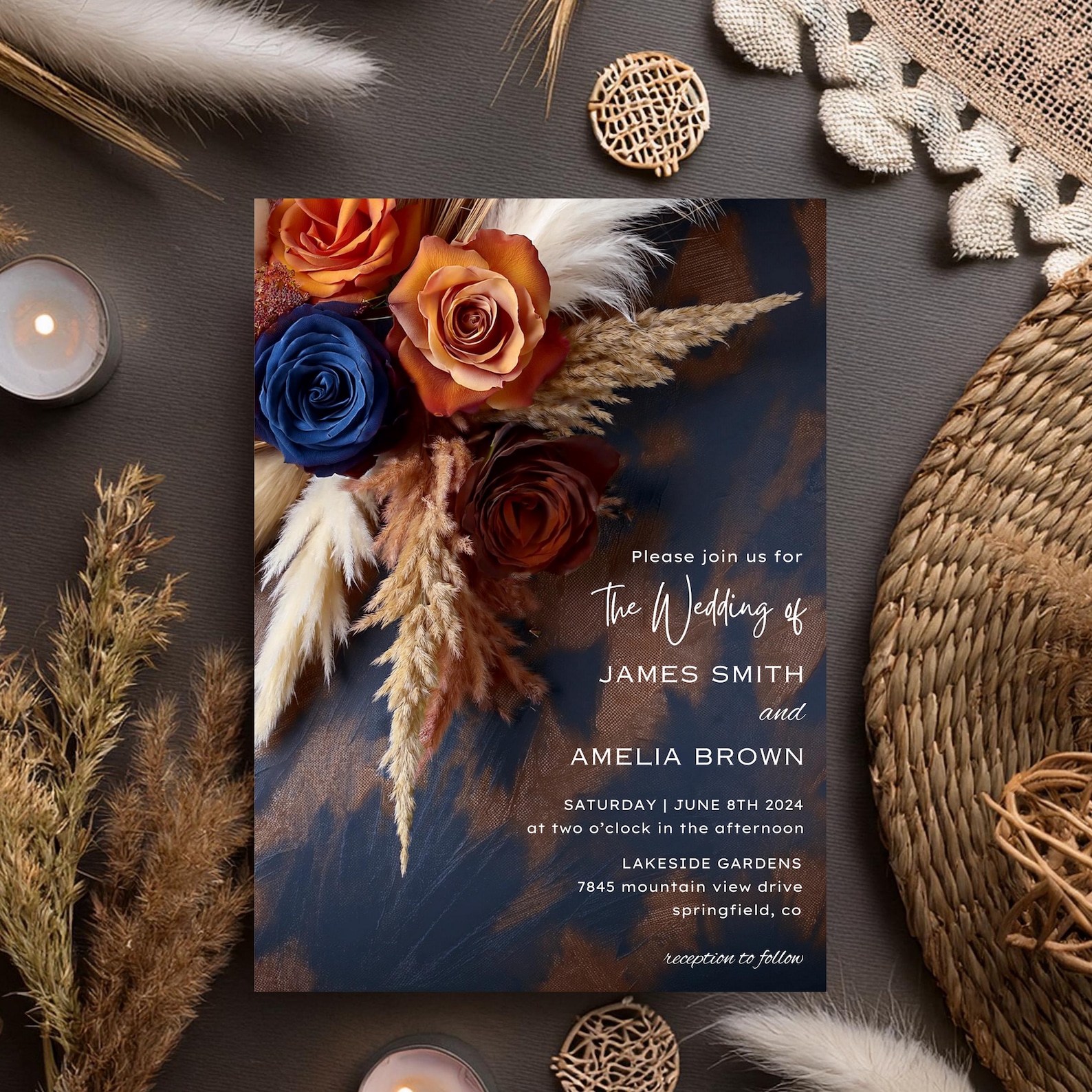 Navy Blue, Burnt Orange, Brown Roses Floral Wedding Invitation Set ...