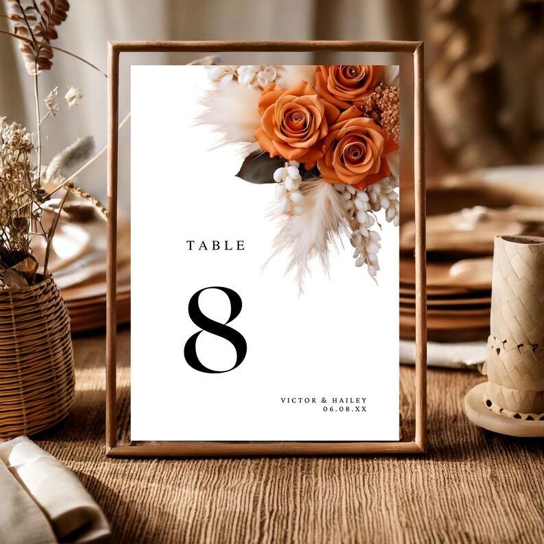 Burnt Orange Floral Wedding Table Number Signs, Canva Editable Template ...