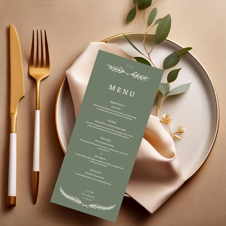Sage Green Wedding Menu Template, Minimalist Menu, Canva Editable ...