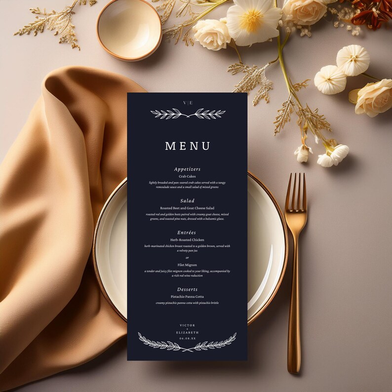 Deep Navy Blue Wedding Menu Template, Minimalist Menu, Canva Editable ...